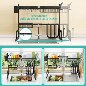 Dish Drying Rack Over Sink Adjustable (25.6"-33.5"),2 Tier Stainless Steel Length Expandable Kitchen Dish Rack,Large Dish Rack Drainer for Kitchen Organizer Storage Space Saver with 10 Utility Hooks