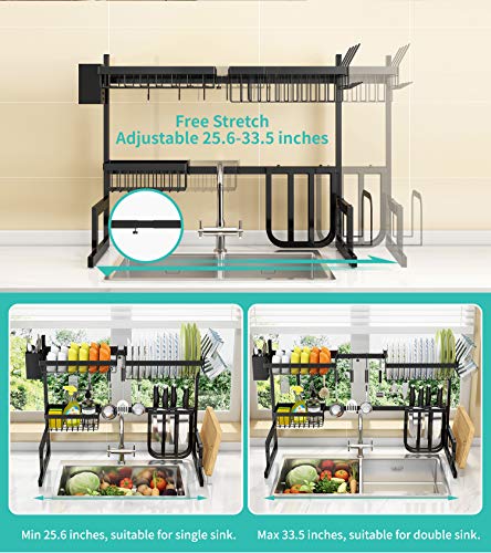 Dish Drying Rack Over Sink Adjustable (25.6"-33.5"),2 Tier Stainless Steel Length Expandable Kitchen Dish Rack,Large Dish Rack Drainer for Kitchen Organizer Storage Space Saver with 10 Utility Hooks