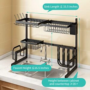 Dish Drying Rack Over Sink Adjustable (25.6"-33.5"),2 Tier Stainless Steel Length Expandable Kitchen Dish Rack,Large Dish Rack Drainer for Kitchen Organizer Storage Space Saver with 10 Utility Hooks