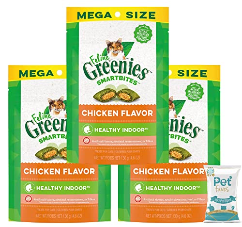 (3 Pack) Greenies Feline SMARTBITES Healthy Indoor , Chicken 4oz, with 10ct Pet Wipes