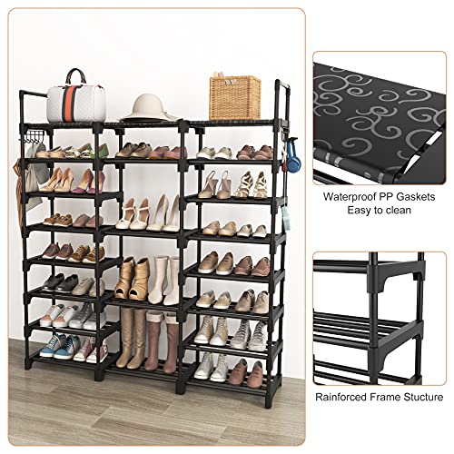 VTRIN Shoe Rack Shoe Organizer 8 Tiers Shoe Rack for Entryway Holds 46-50 Pairs Shoe and Boots Shelf Organizer Storage Organizer Durable Metal with Versatile Hooks Wooden Hammer for Bedroom Black