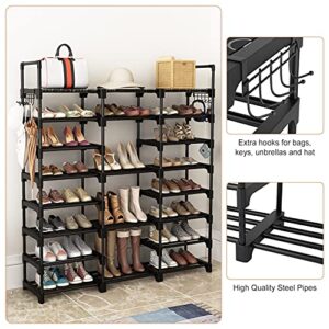 VTRIN Shoe Rack Shoe Organizer 8 Tiers Shoe Rack for Entryway Holds 46-50 Pairs Shoe and Boots Shelf Organizer Storage Organizer Durable Metal with Versatile Hooks Wooden Hammer for Bedroom Black