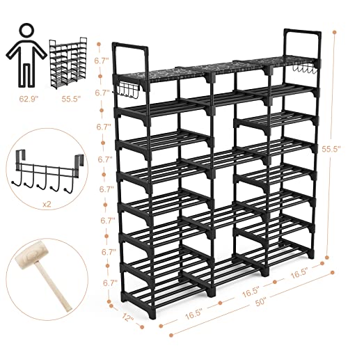 VTRIN Shoe Rack Shoe Organizer 8 Tiers Shoe Rack for Entryway Holds 46-50 Pairs Shoe and Boots Shelf Organizer Storage Organizer Durable Metal with Versatile Hooks Wooden Hammer for Bedroom Black