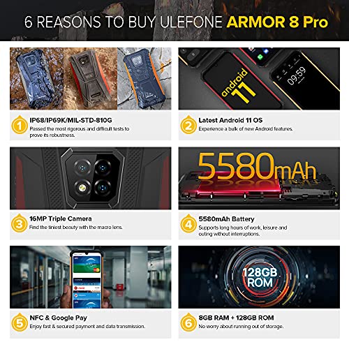 Ulefone Armor 8 Pro Rugged Phone,Android 11 8GB+128GB Waterproof Cell Phone,Helio P60 Octa-core 16MP Triple Rear Camera, 6.1" HD+ Display 5580mAh Battery, Global Dual SIM 4G Mobile Phone-Black