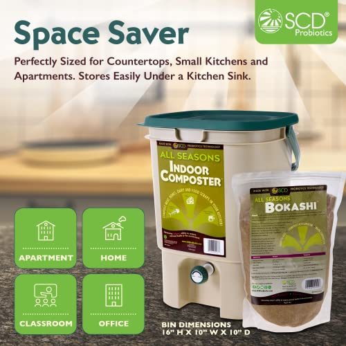 All Seasons Indoor Composter Duo, Two 5-Gallon Countertop Kitchen Compost Bin with 2 Gallons (5.5 lbs) of Bokashi - Easily Compost in Your Kitchen After Every Meal, Low Odor by SCD Probiotics