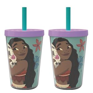 zak designs 13oz disney moana movie double wall tumbler with lid and straw, made of break-resistant plastic (13oz, non bpa)