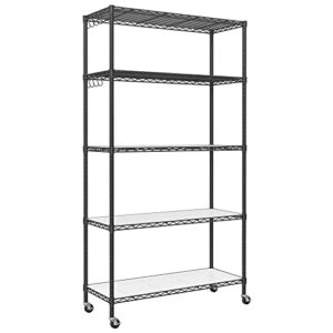 songmics 5 tier garage shelving, wire shelving unit, 43.3 x 13.8 x 65.4 inches, adjustable metal shelves, 5 plastic liners 8 hooks, mobile storage shelves, pantry kitchen basement, black ulgr015b01