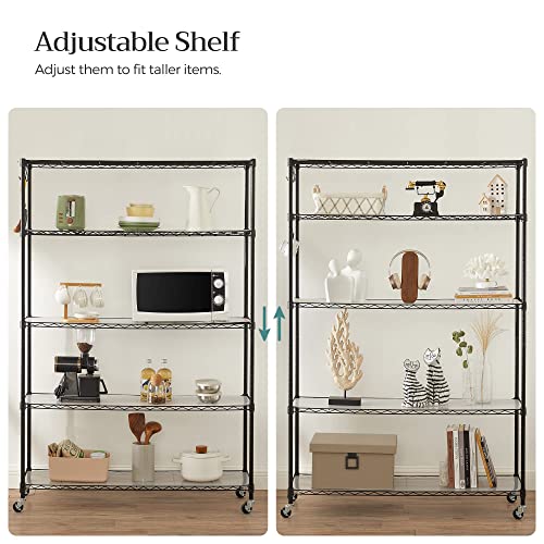 SONGMICS 5 Tier Garage Shelving, Wire Shelving Unit, 43.3 x 13.8 x 65.4 Inches, Adjustable Metal Shelves, 5 Plastic Liners 8 Hooks, Mobile Storage Shelves, Pantry Kitchen Basement, Black ULGR015B01