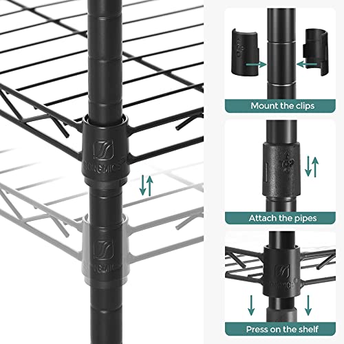 SONGMICS 5 Tier Garage Shelving, Wire Shelving Unit, 43.3 x 13.8 x 65.4 Inches, Adjustable Metal Shelves, 5 Plastic Liners 8 Hooks, Mobile Storage Shelves, Pantry Kitchen Basement, Black ULGR015B01