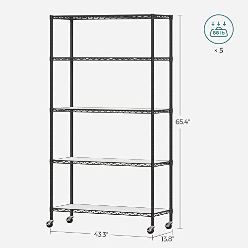 SONGMICS 5 Tier Garage Shelving, Wire Shelving Unit, 43.3 x 13.8 x 65.4 Inches, Adjustable Metal Shelves, 5 Plastic Liners 8 Hooks, Mobile Storage Shelves, Pantry Kitchen Basement, Black ULGR015B01