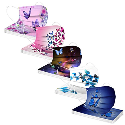 3Ply Breathable Disposable Face_Masks with Designs, 50PCS Adults Flower and Butterfly Printed Full Face Protection