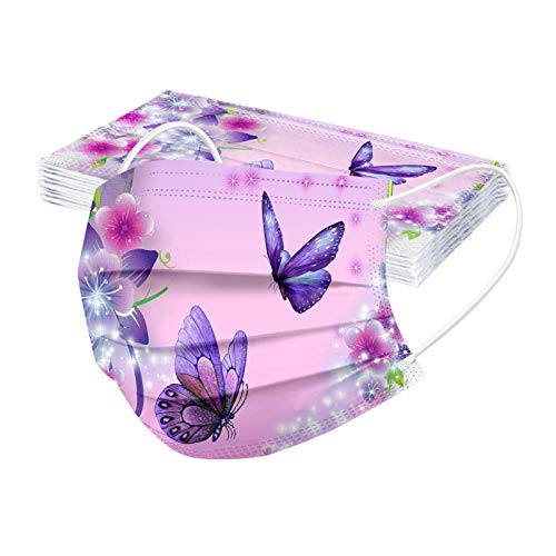 3Ply Breathable Disposable Face_Masks with Designs, 50PCS Adults Flower and Butterfly Printed Full Face Protection