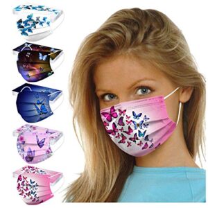 3Ply Breathable Disposable Face_Masks with Designs, 50PCS Adults Flower and Butterfly Printed Full Face Protection