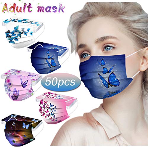 3Ply Breathable Disposable Face_Masks with Designs, 50PCS Adults Flower and Butterfly Printed Full Face Protection