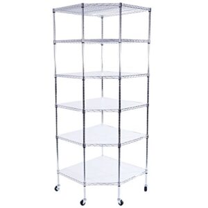 6 tiers free standing corner shelf with wheels, metal storage wire shelving unit corner storage rack display for restaurant，living room, bathroom, pantry，kitchen 26.77" x 26.77" x 70.87" (silver)