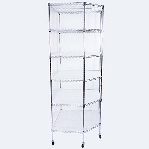 6 Tiers Free Standing Corner Shelf with Wheels, Metal Storage Wire Shelving Unit Corner Storage Rack Display for Restaurant，Living Room, Bathroom, Pantry，Kitchen 26.77" x 26.77" x 70.87" (Silver)