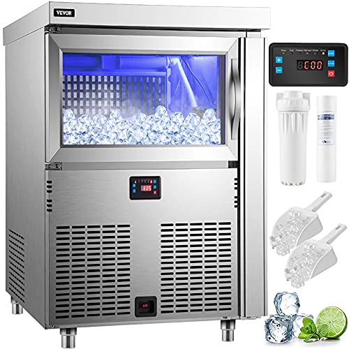 VEVOR 110V Commercial Ice Maker Machine, 300LBS/24H Stainless Steel Under Counter Ice Machine with 100LB Storage, 108PCS Clear Cube, Auto Operation, Include Water Filter, 2 Scoops, Connection Hose