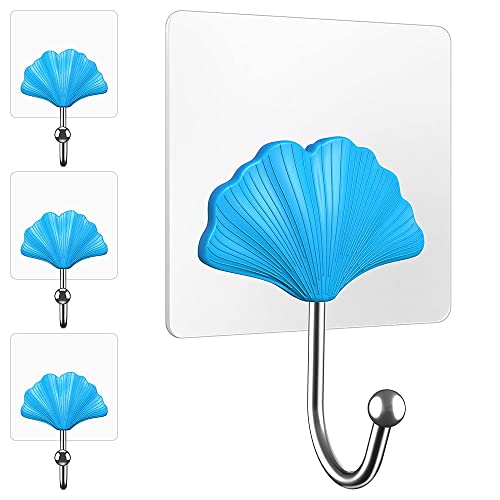 SELEWARE Adhesive Hooks 20Ib(Max), Heavy Duty Decorative Wall Hooks for Hanging, Waterproof and Oilproof Seamless Hooks for Wall Indoor Kitchen Bathroom Office, Blue Ginkgo Leaf, 4 Pack