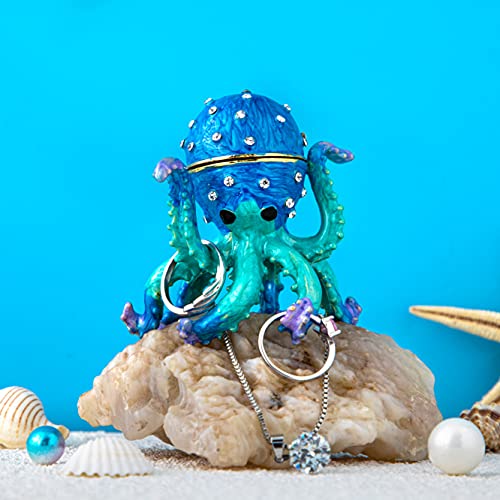 QFkris Octopus Trinket Box with Shinning Rhinestones, Magnetic Jewelry Box Hand-painted Figurine Collectibles Ring Holder Case