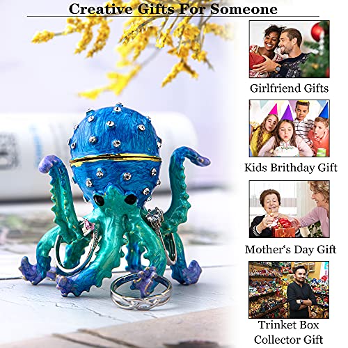 QFkris Octopus Trinket Box with Shinning Rhinestones, Magnetic Jewelry Box Hand-painted Figurine Collectibles Ring Holder Case