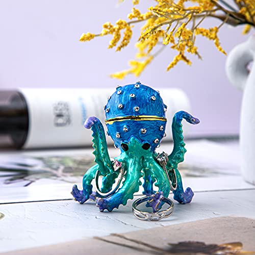 QFkris Octopus Trinket Box with Shinning Rhinestones, Magnetic Jewelry Box Hand-painted Figurine Collectibles Ring Holder Case