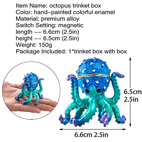 QFkris Octopus Trinket Box with Shinning Rhinestones, Magnetic Jewelry Box Hand-painted Figurine Collectibles Ring Holder Case