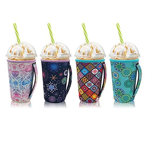 4Pack Reusable Iced Coffee Sleeve Insulator Sleeves for Cold Drinks Beverages, Neoprene Cup Holder With Handle for Most Coffee, Fits 30 - 32 Oz Large Cups (Mandala with Handle)