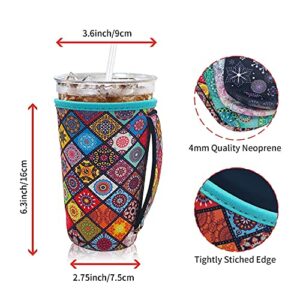 4Pack Reusable Iced Coffee Sleeve Insulator Sleeves for Cold Drinks Beverages, Neoprene Cup Holder With Handle for Most Coffee, Fits 30 - 32 Oz Large Cups (Mandala with Handle)