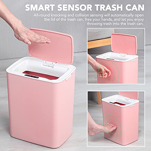 AIOMEST Pink Trash Can with Automatic Sensor, Touchless Inductive Garbage Bin for Bathroom, Kitchen and Bed, Small 3.7 Gallon (14L)