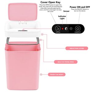 AIOMEST Pink Trash Can with Automatic Sensor, Touchless Inductive Garbage Bin for Bathroom, Kitchen and Bed, Small 3.7 Gallon (14L)