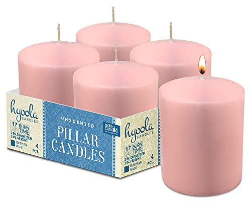 Hyoola Light Pink Pillar Candles 2x3 Inch - 4 Pack Unscented Pillar Candles Bulk - European Made