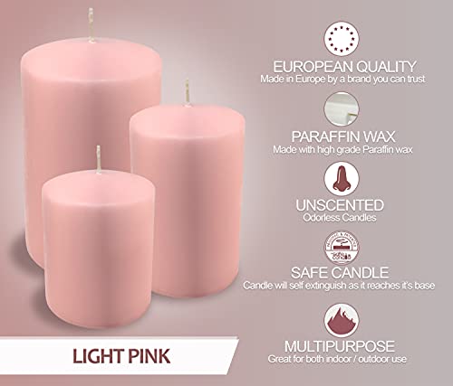 Hyoola Light Pink Pillar Candles 2x3 Inch - 4 Pack Unscented Pillar Candles Bulk - European Made