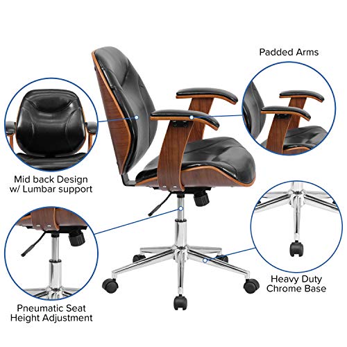 Merrick Lane Frederick Mid-Back Ergonomic Office Chair Executive Swivel Bentwood Frame Desk Chair in Black Faux Leather