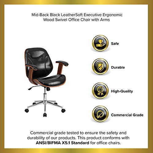 Merrick Lane Frederick Mid-Back Ergonomic Office Chair Executive Swivel Bentwood Frame Desk Chair in Black Faux Leather