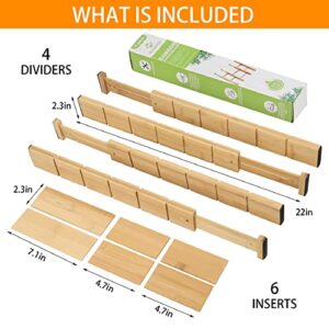 Bamboo Drawer Dividers with 6 Inserts, Expandable Drawer Organizer, Spring Loaded Adjustable Kitchen Drawer Organizer for Clothes Silverware Knife Utensil, Drawer Separators 4-Pack (17-22 inch)