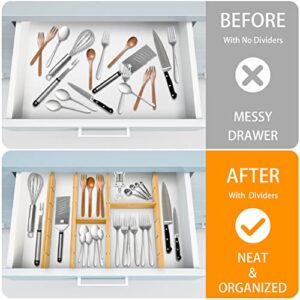 Bamboo Drawer Dividers with 6 Inserts, Expandable Drawer Organizer, Spring Loaded Adjustable Kitchen Drawer Organizer for Clothes Silverware Knife Utensil, Drawer Separators 4-Pack (17-22 inch)