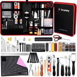 imzay 415pcs leather tooling working kit, compact beginner leather tools and supplies with leather stitching sewing carving cutting crafting tools for leather sheath wallet belt boot seat sewing