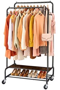 tajsoon clothes rack, industrial pipe clothing rack with shelves, heavy duty double rods clothes hanging rack, standard rod garment rack on wheels, storage display, metal, rustic brown and black