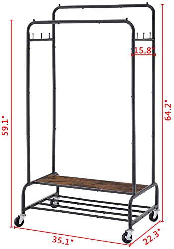 Tajsoon Clothes Rack, Industrial Pipe Clothing Rack with Shelves, Heavy Duty Double Rods Clothes Hanging Rack, Standard Rod Garment Rack on Wheels, Storage Display, Metal, Rustic Brown and Black