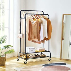 Tajsoon Clothes Rack, Industrial Pipe Clothing Rack with Shelves, Heavy Duty Double Rods Clothes Hanging Rack, Standard Rod Garment Rack on Wheels, Storage Display, Metal, Rustic Brown and Black