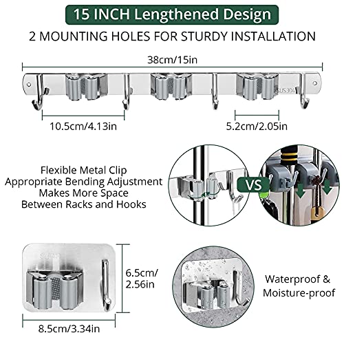 JiGiU Mop and Broom Holder, 1+3 Mop Broom Organizer Set 16 inch Installation Broom Mop Hanger(3 Position 4 Hooks) and 3Pcs Mop Hooks Wall Mounted Self Adhesive Stainless Steel for Garden,Garage