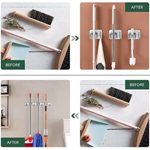 JiGiU Mop and Broom Holder, 1+3 Mop Broom Organizer Set 16 inch Installation Broom Mop Hanger(3 Position 4 Hooks) and 3Pcs Mop Hooks Wall Mounted Self Adhesive Stainless Steel for Garden,Garage