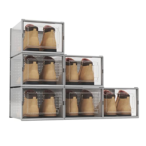 QualiapeX X-Large Long Shoe Boxes Clear Plastic Stackable, Shoe Storage Organizer, Sneaker Storage Containers, Suitable for All Shoes like High Heels & Martin Boots, Grey 6 Pack