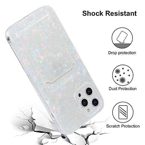 ZIYE Designed for iPhone 12 Pro Max Case with Card Holder for Women Girls Glitter Bling Shell Pattern TPU Silicone Protective Cell Phone Wallet Bumper with Screen Protector Ring Holder