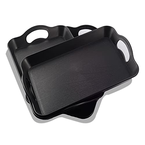 LEEHOWA 3 Pack 16” Plastic Tray with Handles Rectangle Serving Set, Breakfast Trays Handles, Restaurant Set for Food, Waterproof and Non Slip Tray(Black Wood Grain)