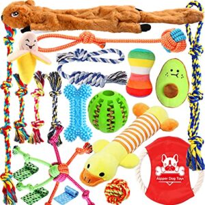 aipper dog puppy toys 20 pack, puppy chew toys for fun and teeth cleaning, plush squeaky toys, dog treat dispenser ball, tug of war toys, puppy teething toys, dog rope toys for medium to small dogs