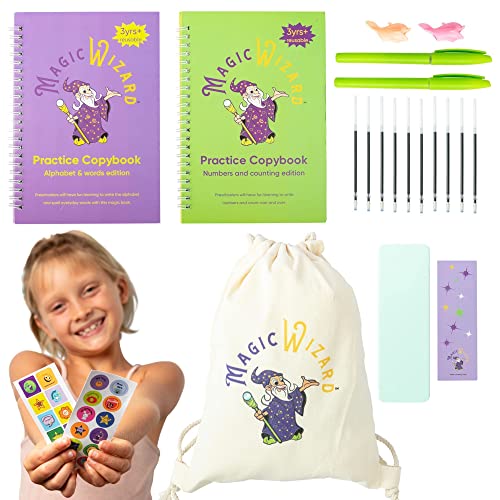 Magic Practice Copybook for Kids Ages 3-6- Handwriting Practice for Kids Reusable Tracing Groovebook for Kindergarten, Preschoolers- Letter Writing, Drawing (2 Books with Pens, Stickers, Knapsack)