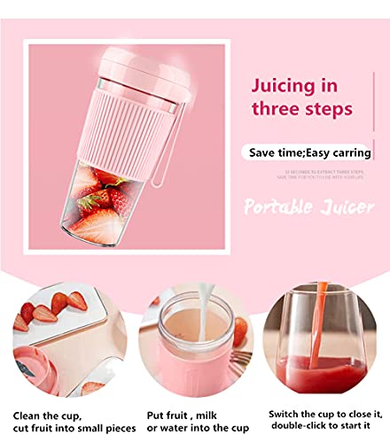 Portable Blender Cordless Smoothies and Shakes Detachable Personal Size Juicer cup with USB Rechargeable four Blades Fruit Mixing Machine 10oz Travel Mini Mixer Handheld Blender for Sports Gym pink (pink)