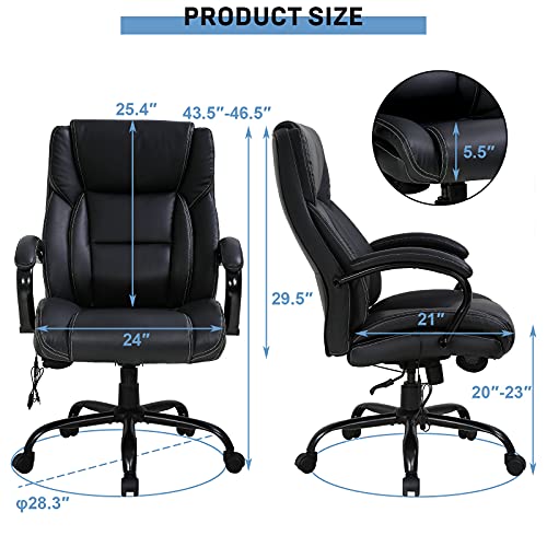 Big and Tall Office Chair Ergonomic Desk Chair with Lumbar Support Massage, Heavy Duty 500 lbs Wide Seat Computer Chair with Armrest, PU Leather Swivel Task Chair, Black