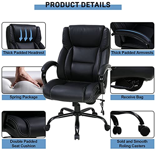 Big and Tall Office Chair Ergonomic Desk Chair with Lumbar Support Massage, Heavy Duty 500 lbs Wide Seat Computer Chair with Armrest, PU Leather Swivel Task Chair, Black